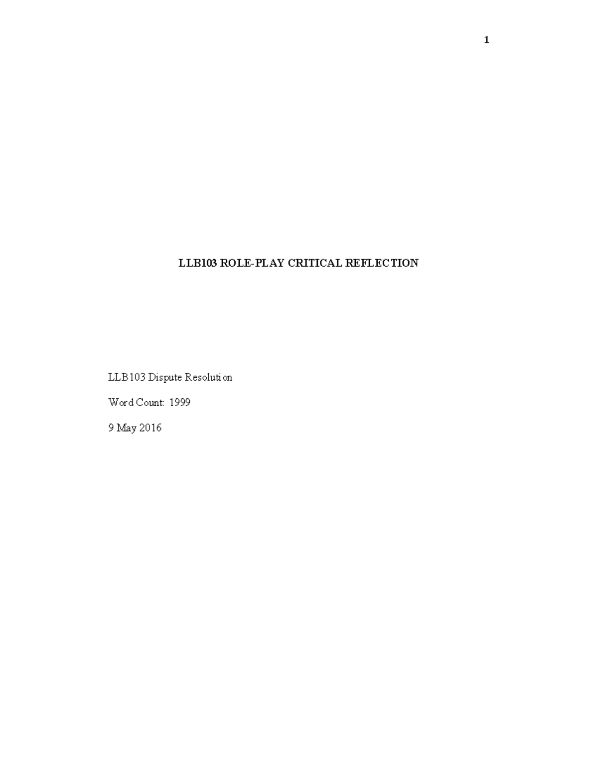 LLB103 role play reflection 2019 - LLB103 ROLE-PLAY CRITICAL REFLECTION ...