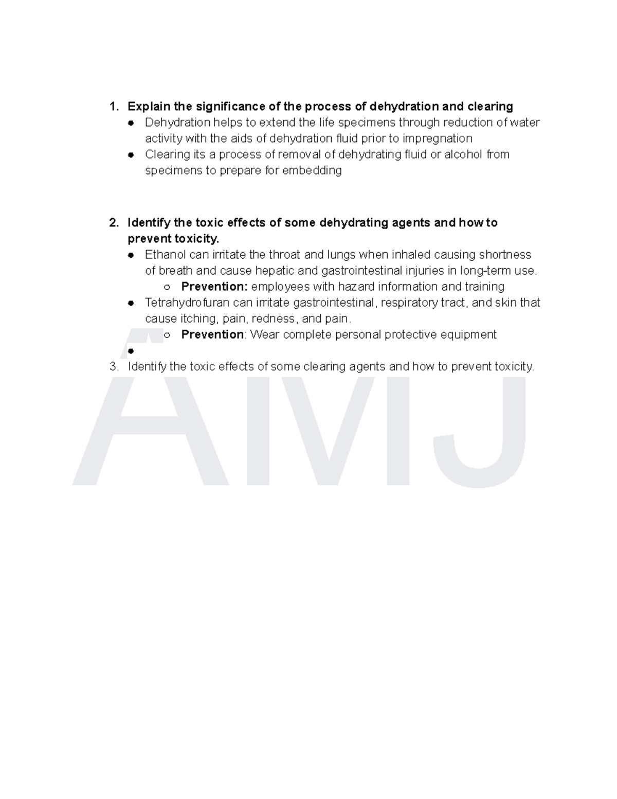 Dehydration - lecture notes for HPTC - 1. Explain the significance of ...