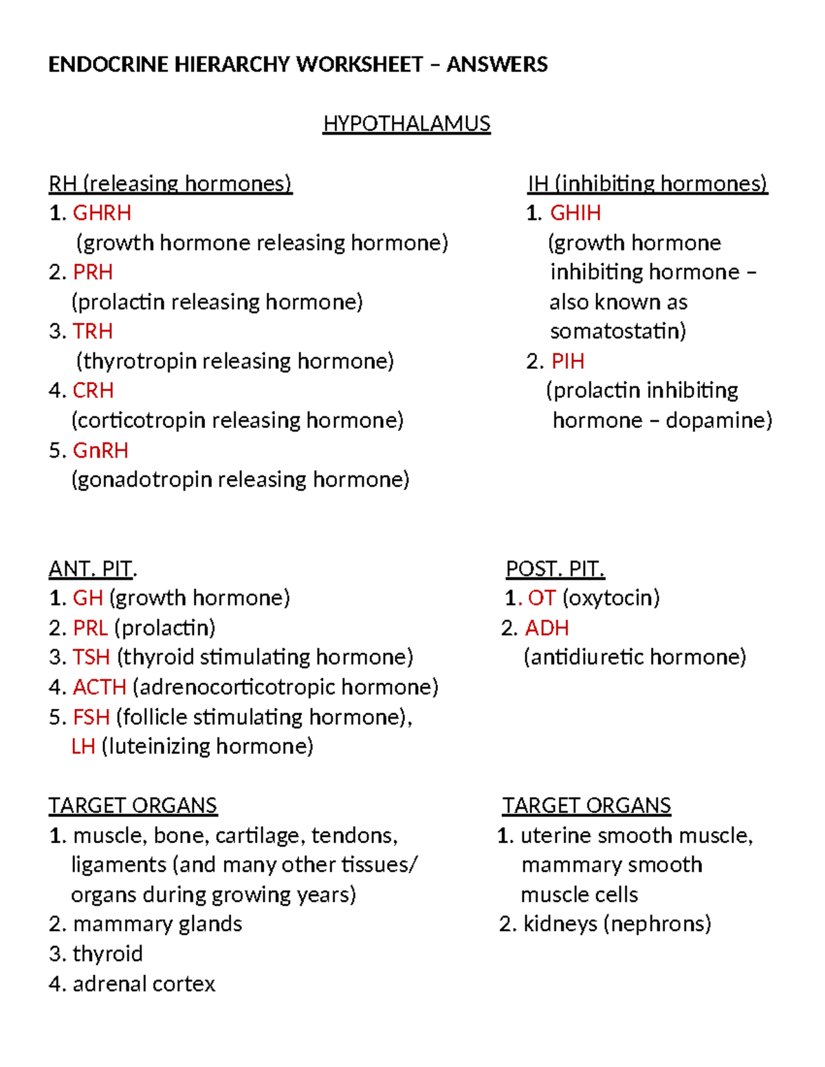 Endocrine Hierarchy Worksheet - Answers - ENDOCRINE HIERARCHY WORKSHEET ...