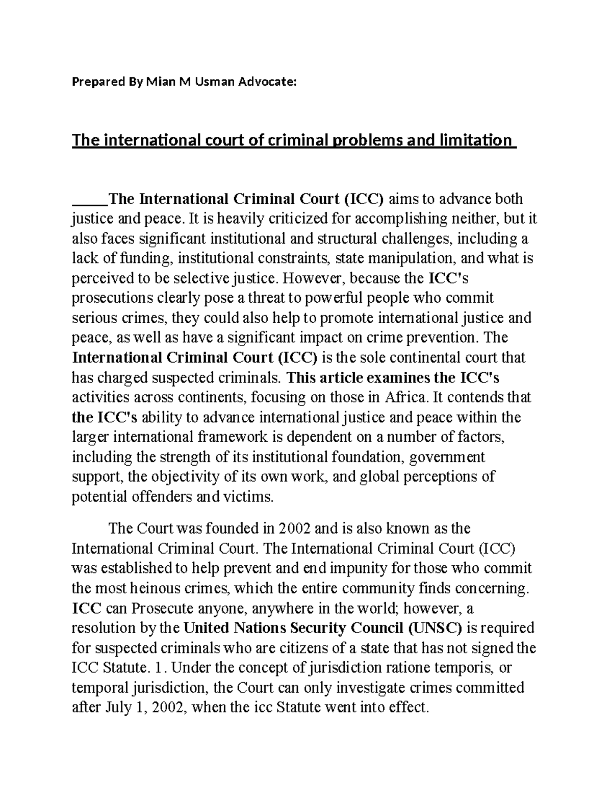 Problem of ICC & limitation - Prepared By Mian M Usman Advocate: The ...