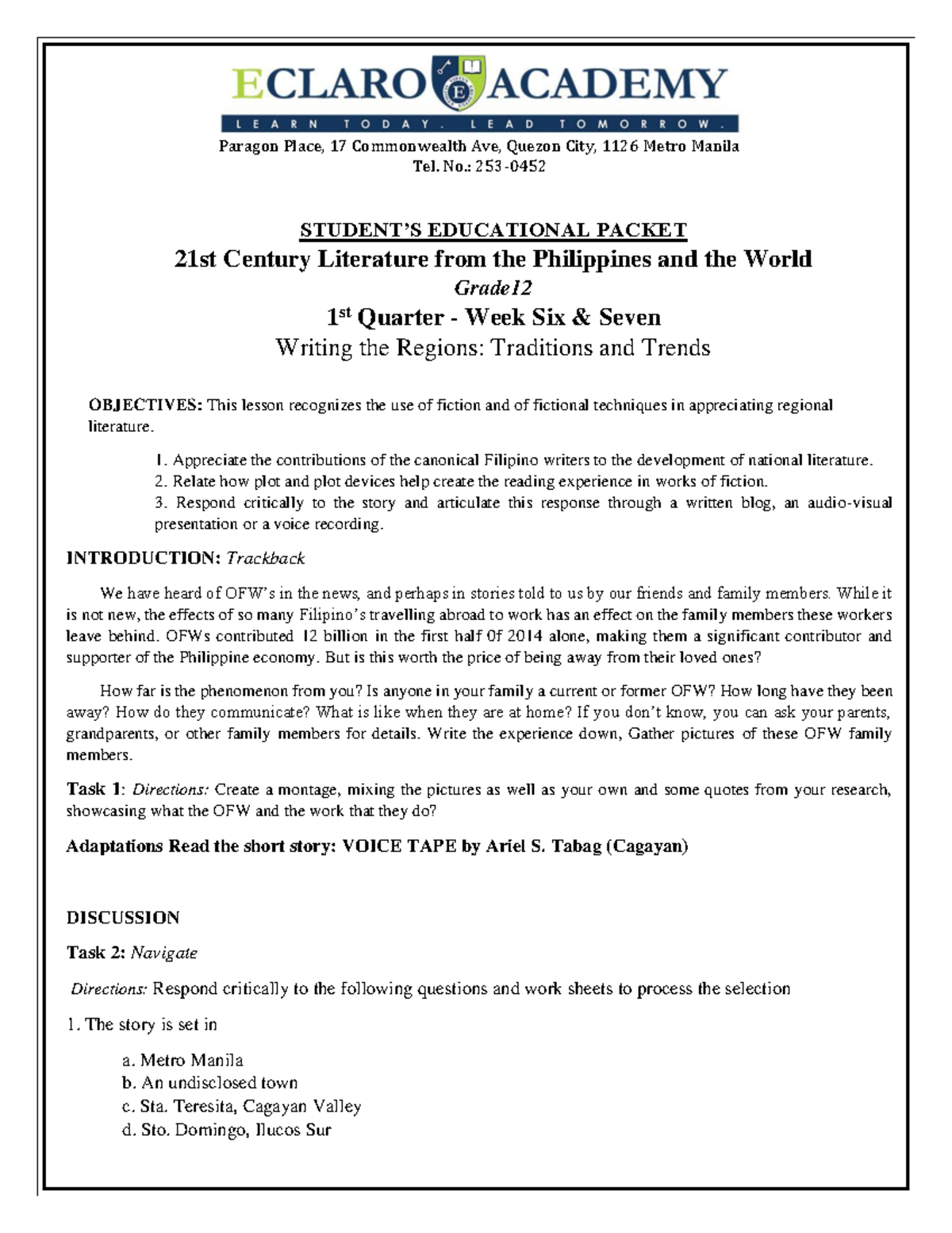 Learning Packet week 6&7 - Paragon Place, 17 Commonwealth Ave, Quezon ...