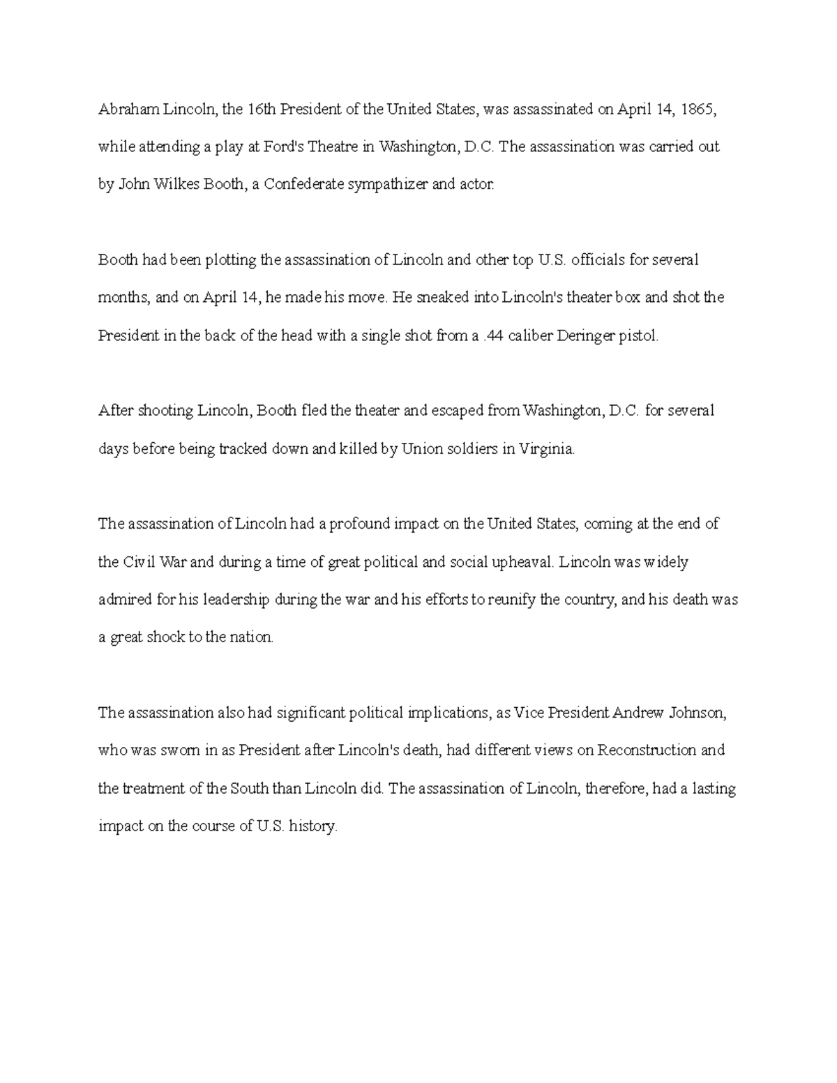 The assassination of Abraham Lincoln Notes - Abraham Lincoln, the 16th ...