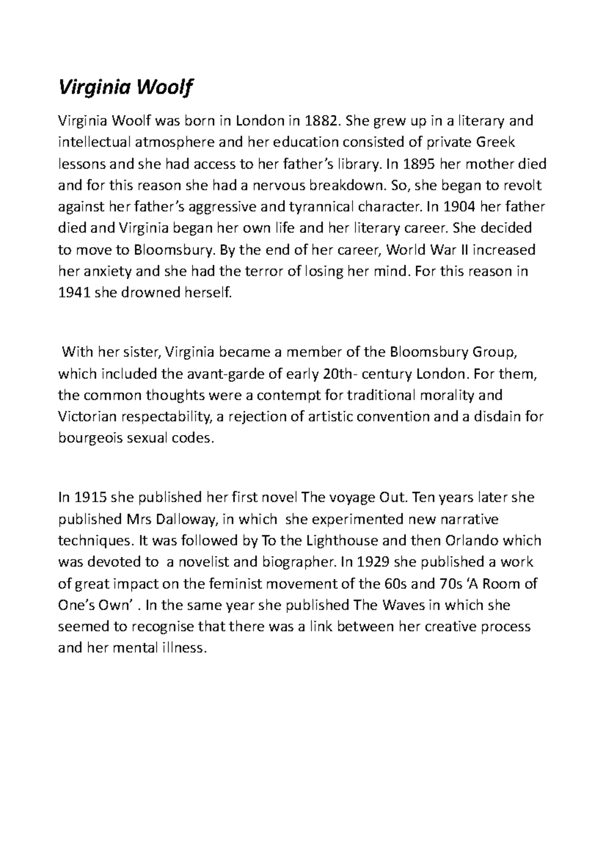 Virginia Woolf - Virginia Woolf Virginia Woolf was born in London in ...