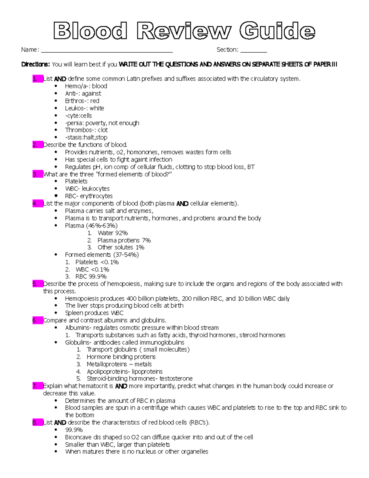 2 Blood Review Guide V 4mw Completed with quesitons - Name