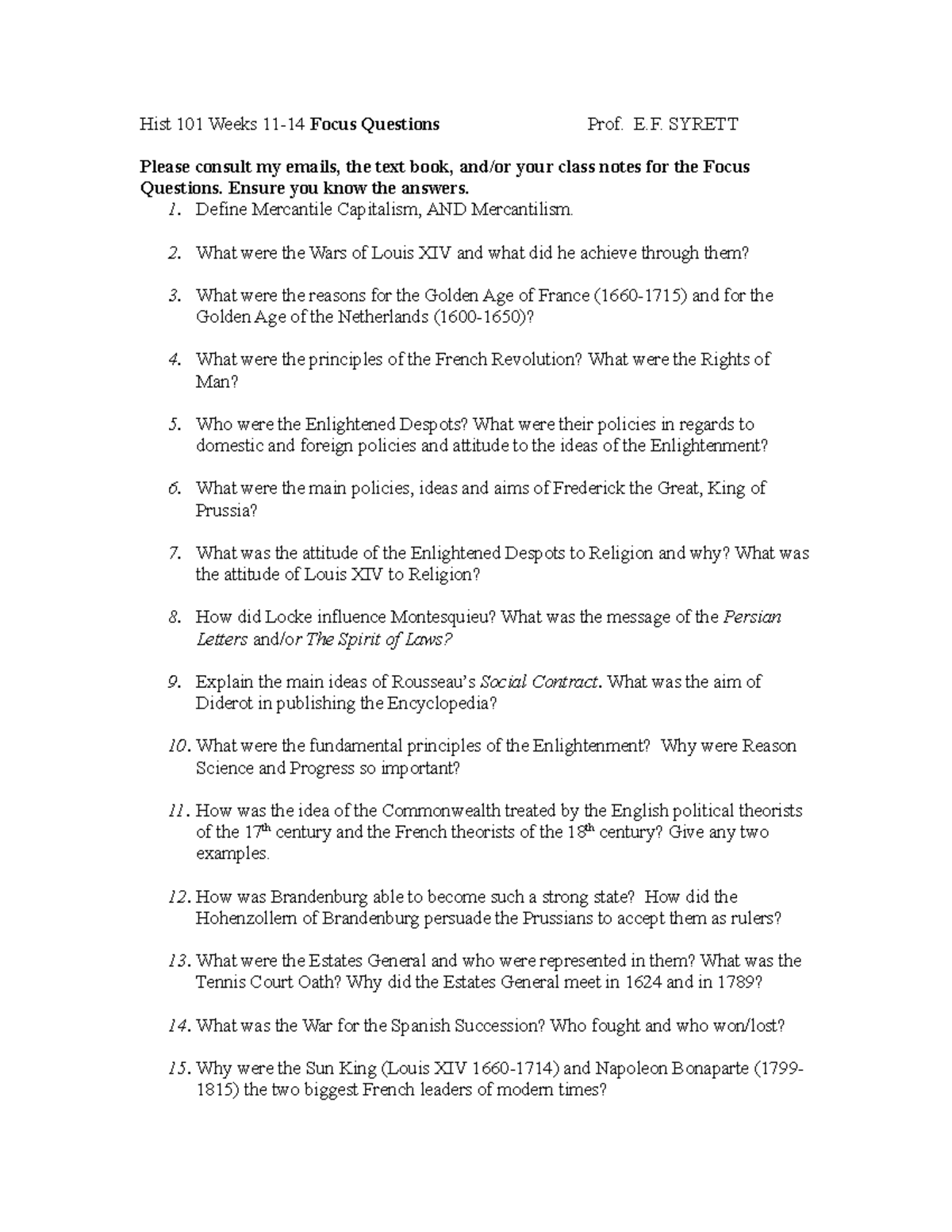 Week 14- 11 Focus Questions REV - Hist 101 Weeks 11-14 Focus Questions ...