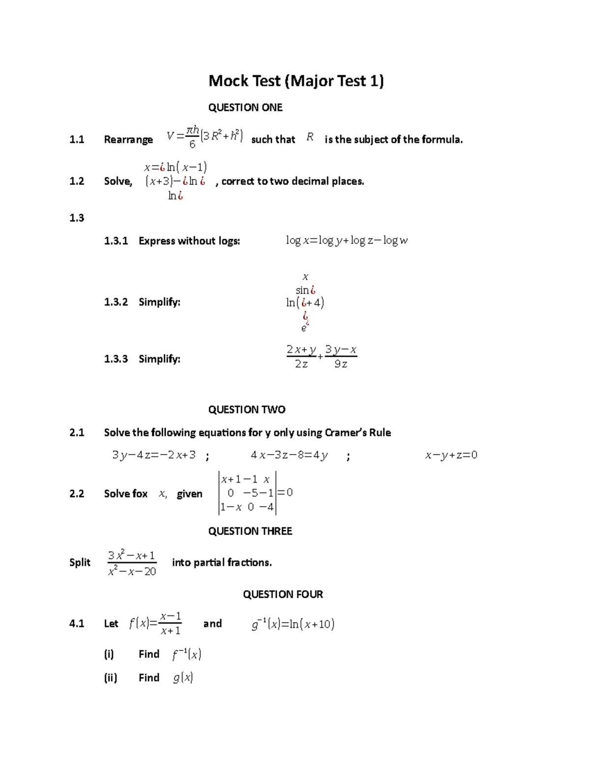 Test 2019, questions - Mock Test (Major Test 1) QUESTION ONE 1 2 2 ...