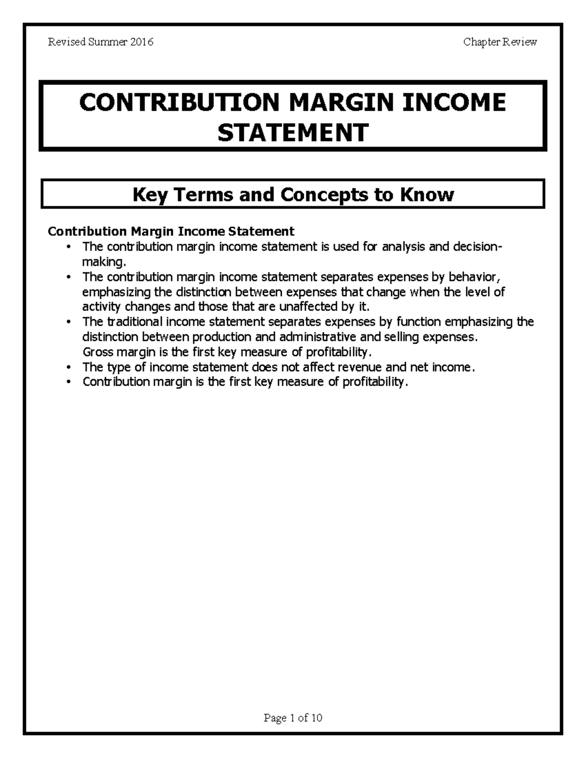 Contribution Income Statement CR - CONTRIBUTION MARGIN INCOME STATEMENT ...