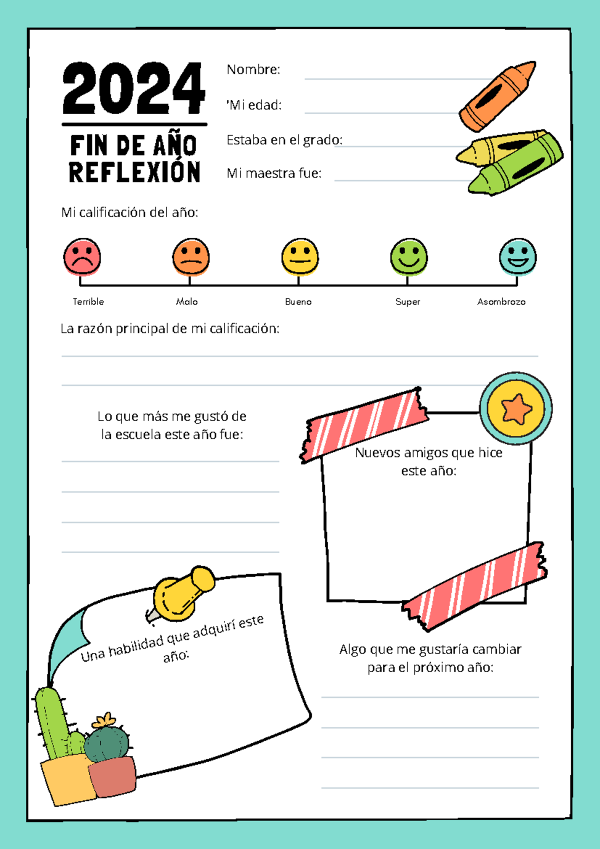 Aqua End of Year Student Reflection Worksheet - Español - 'Mi edad ...