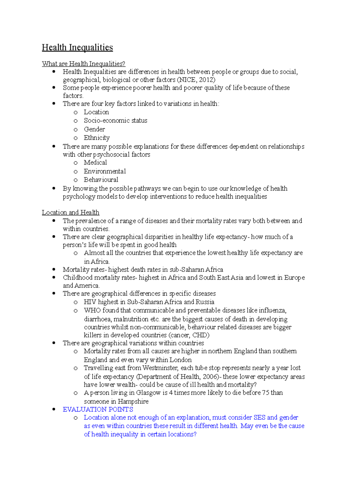 Health Psychology- Health Inequalities Revision Notes - Health ...