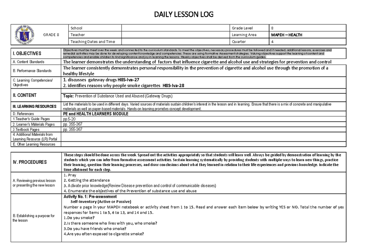 Pdfcoffee - DAILY LESSON LOG GRADE 8 School Grade Level 8 Teacher ...
