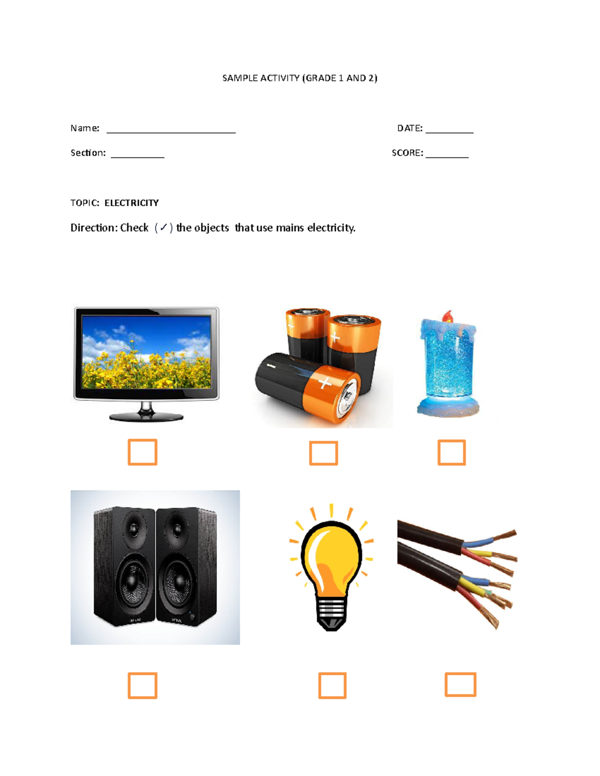 Sample Activity - grade 3 - SAMPLE ACTIVITY (GRADE 1 AND 2) Name