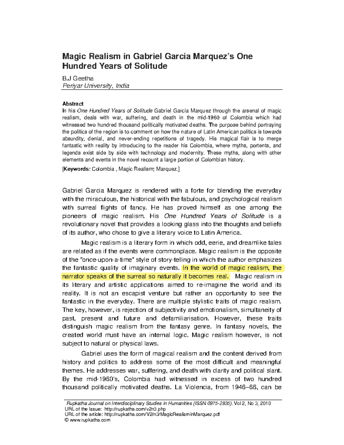 Magic Realismin Marquez - Magic Realism in Gabriel Garcia Marquez’s One ...