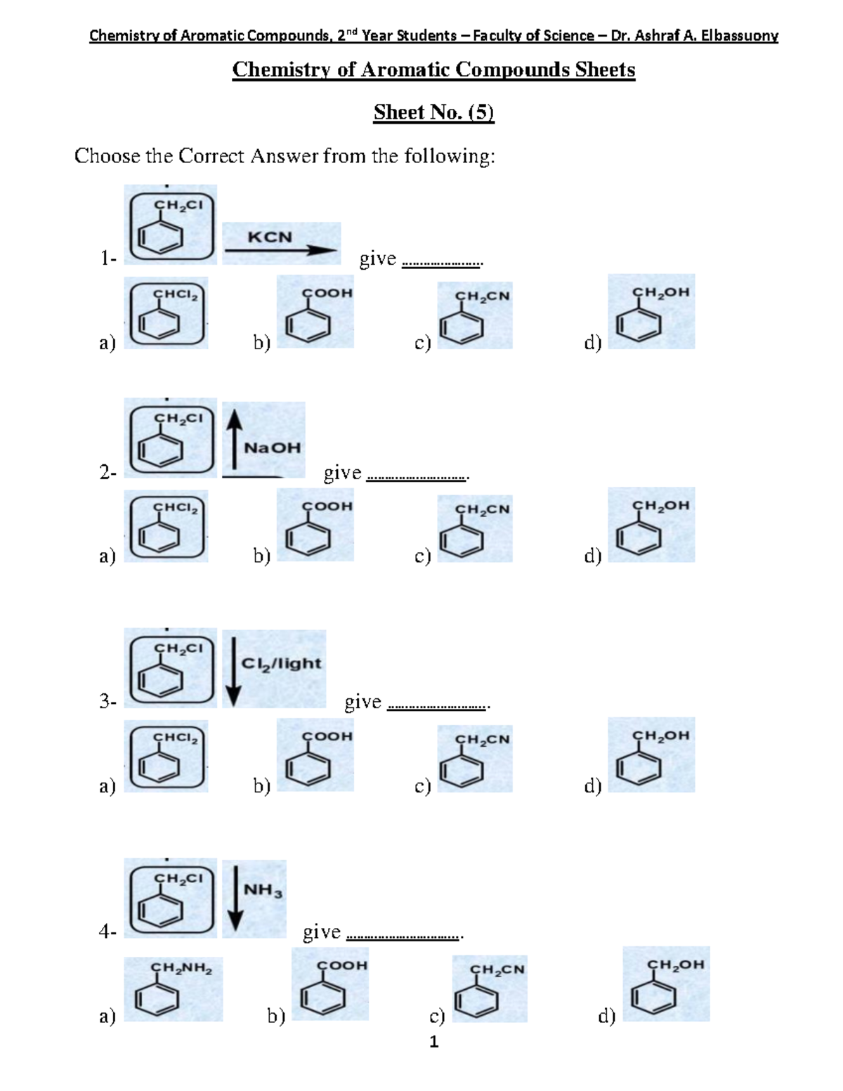 Sheet 5 aromatic - Faculty of science - Chemistry of Aromatic Compounds ...