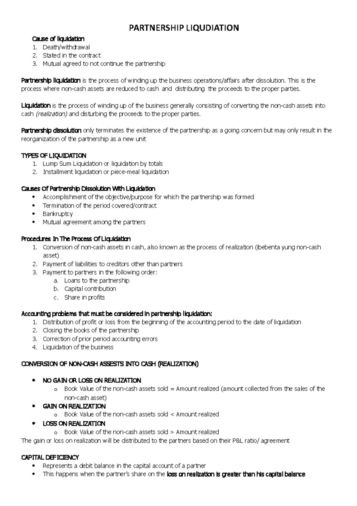 LUMP SUM Notes - FAR - PARTNERSHIP LIQUDIATION Cause of liquidation ...