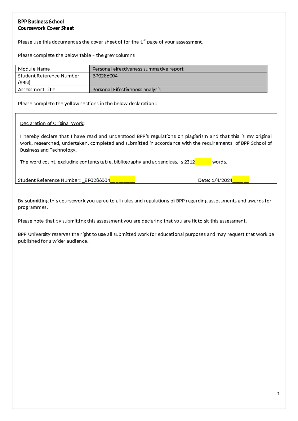 Assessment Cover Sheet - ####### BPP Business School ####### Coursework Cover Sheet ...