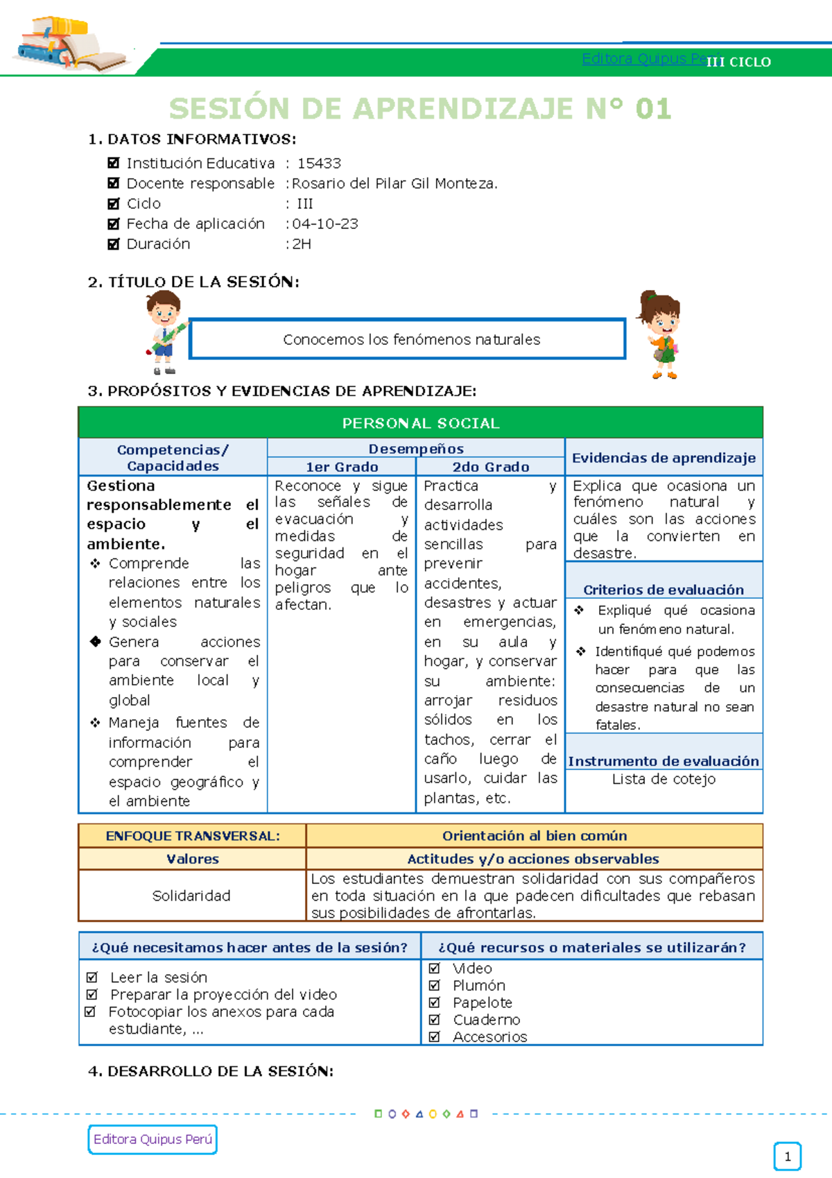2.- Sesiones de aprendizaje - EDA VIII Semana 1 - Editora Quipus Perú - SESIÓN DE APRENDIZAJE N ...
