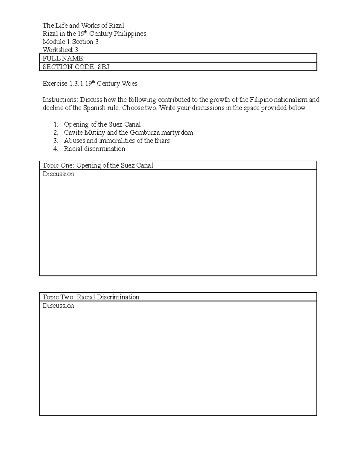 Worksheet 3 Module 1 Section 3 - Rizal in the 19th Century Philippines ...