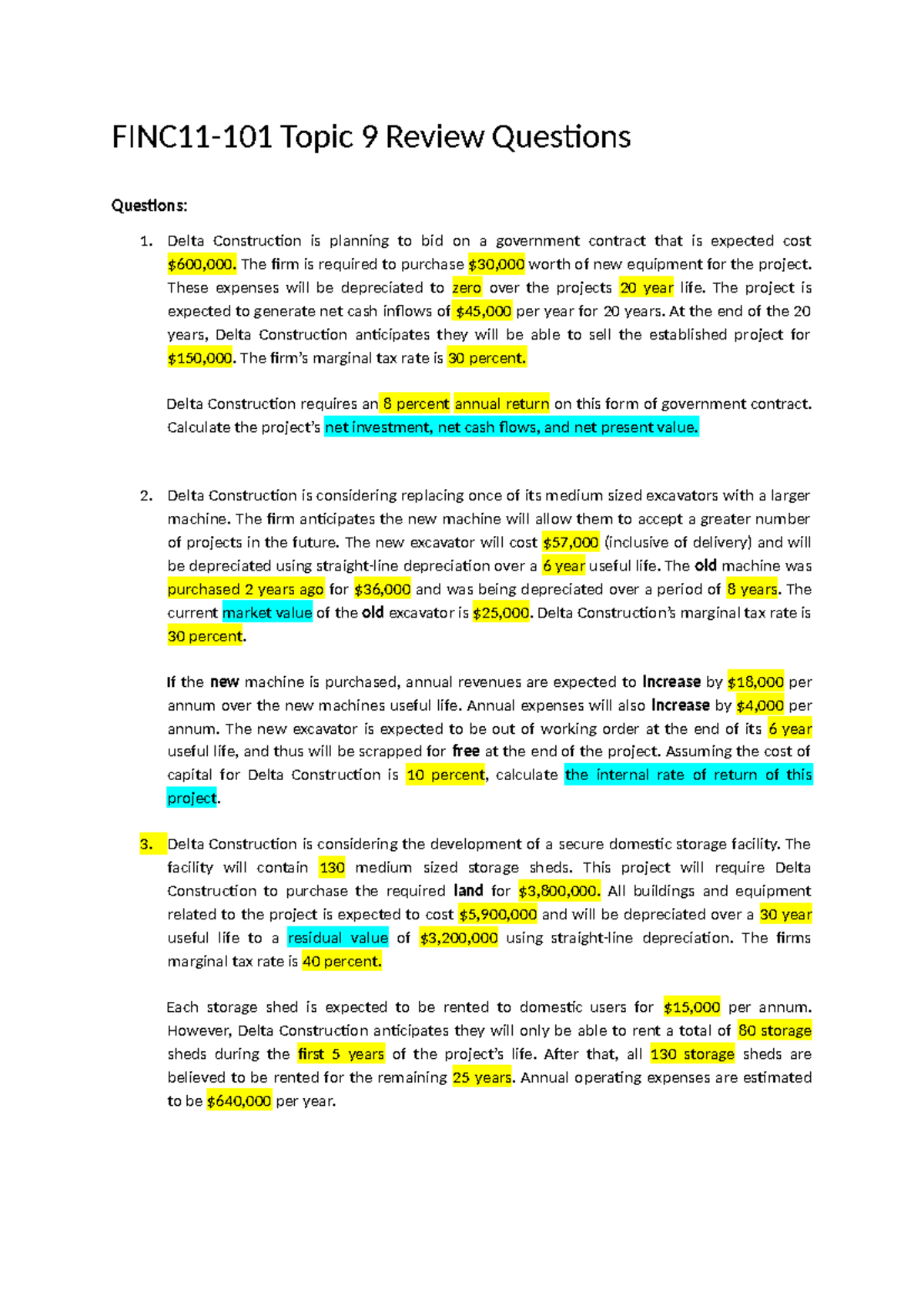 Topic 9 Review Questions - FINC11-101 Topic 9 Review Questions ...