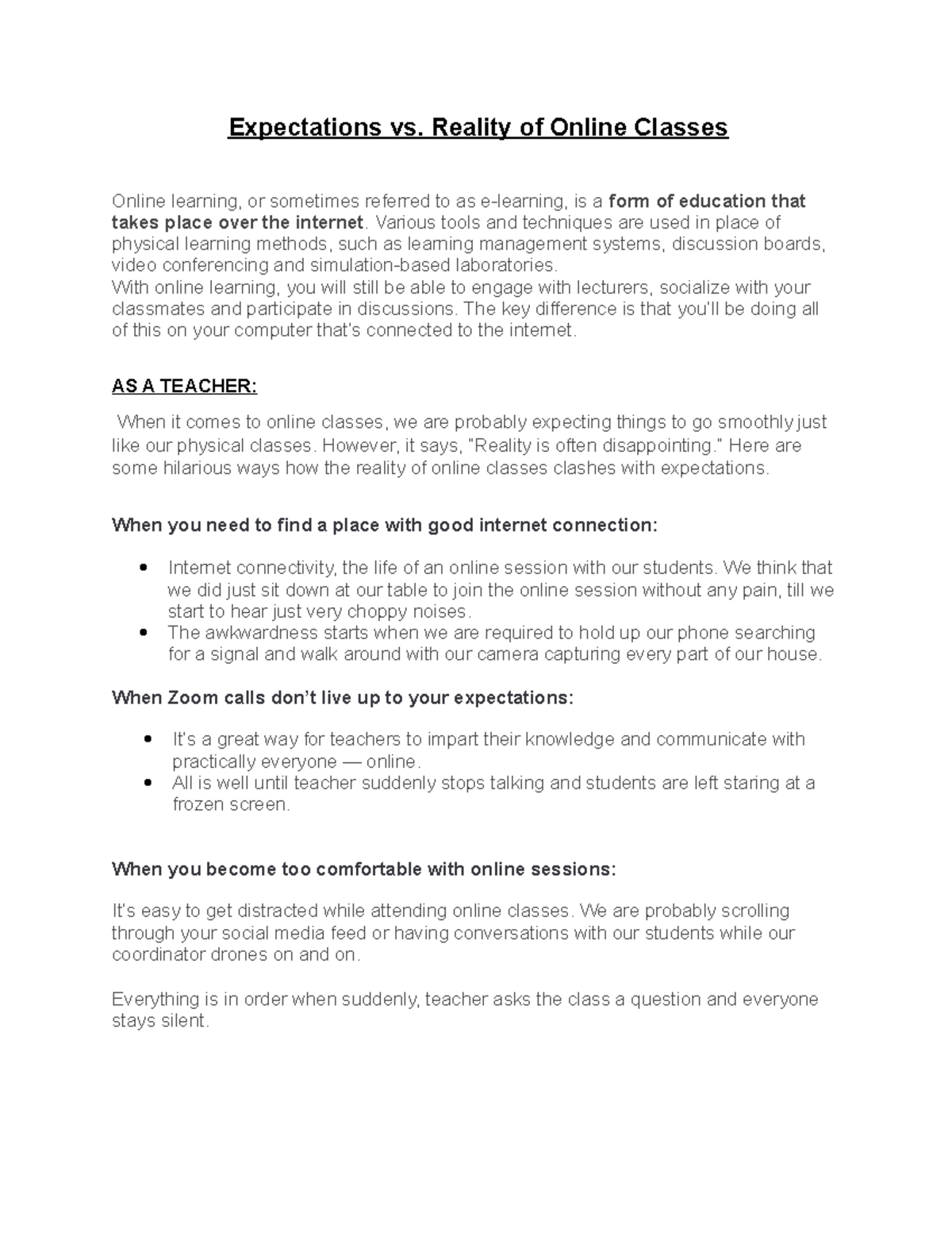 Expectations vs realities - Expectations vs. Reality of Online Classes ...