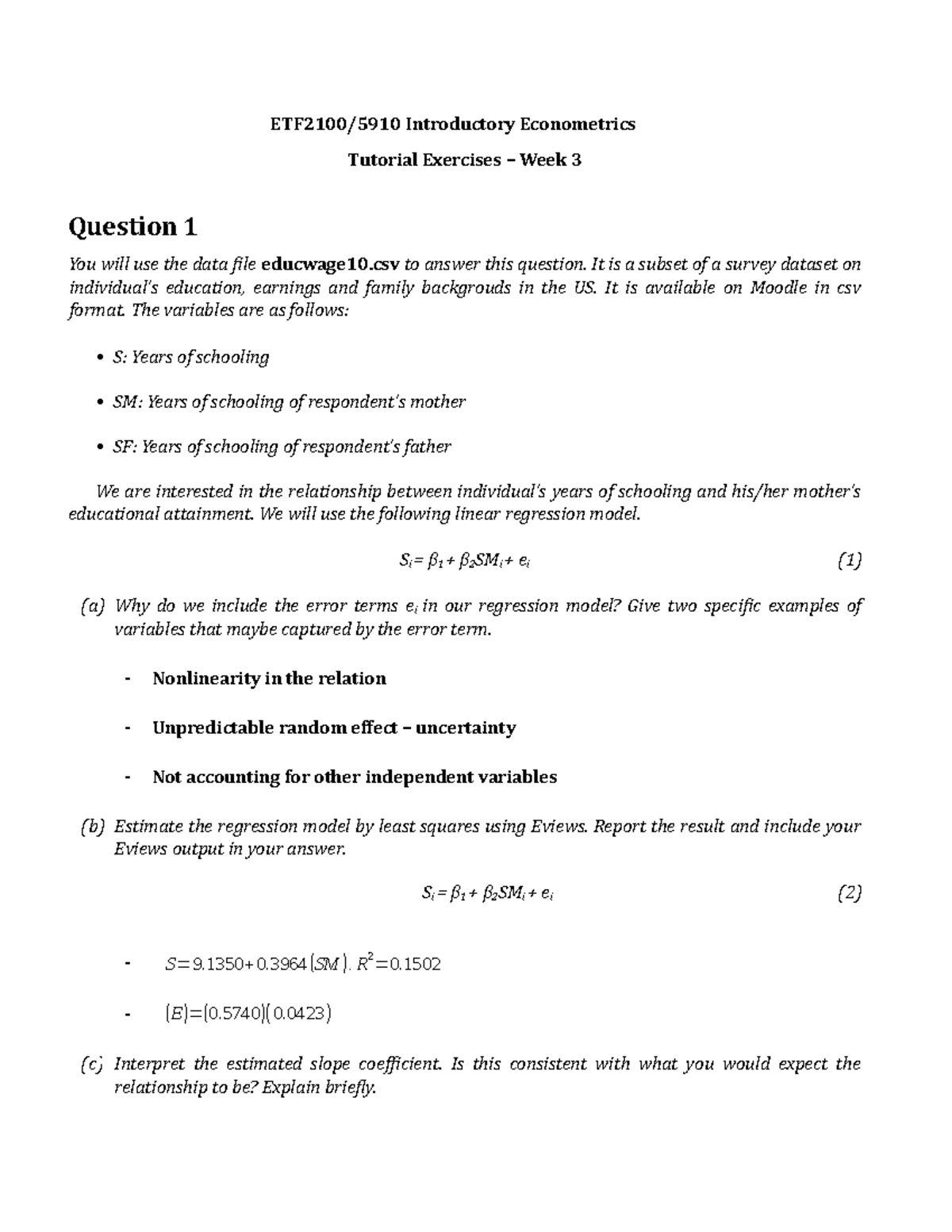 Etf2100 Week 3 Tutorial Etf2100 5910 Introductory Econometrics Tutorial Exercises Week 3