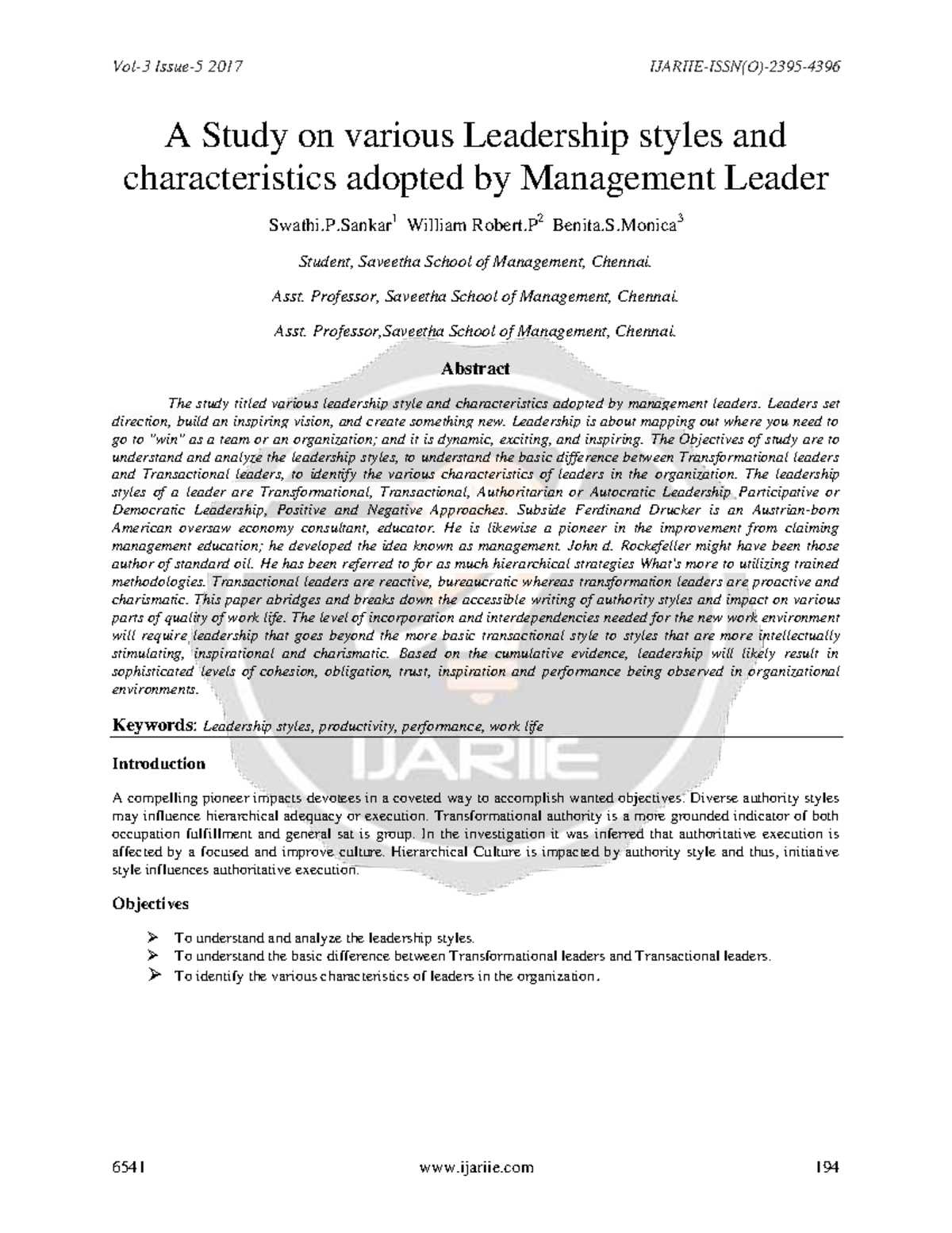 A Study on various Leadership styles and characteristics adopted by ...