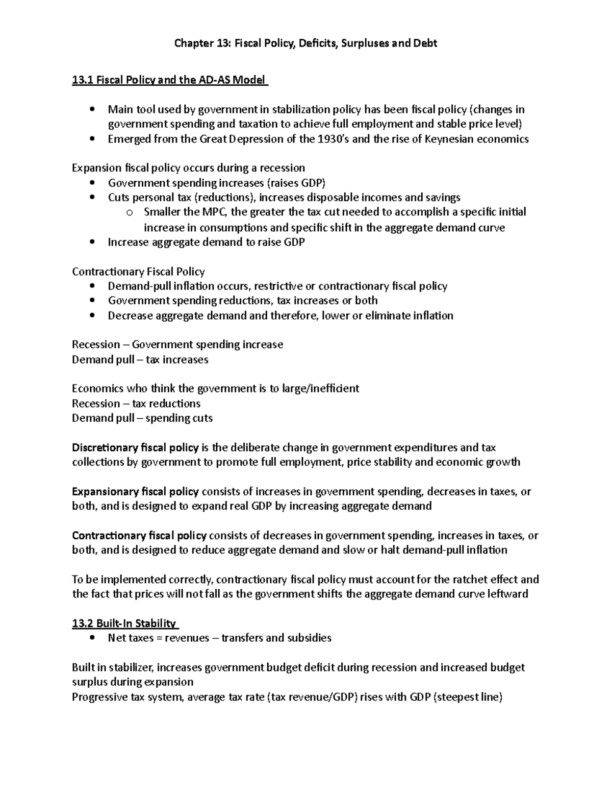 Chapter 13 - Fiscal policy, deficits, surplus and debts - Chapter 13 ...