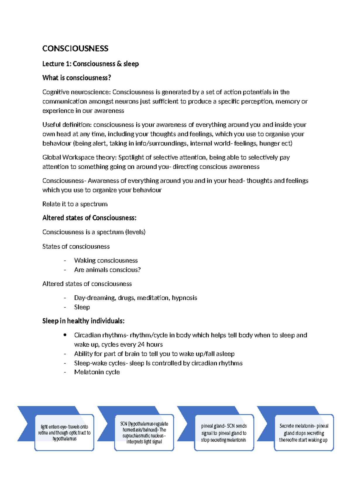 Consciousness notes - CONSCIOUSNESS Lecture 1: Consciousness & sleep ...