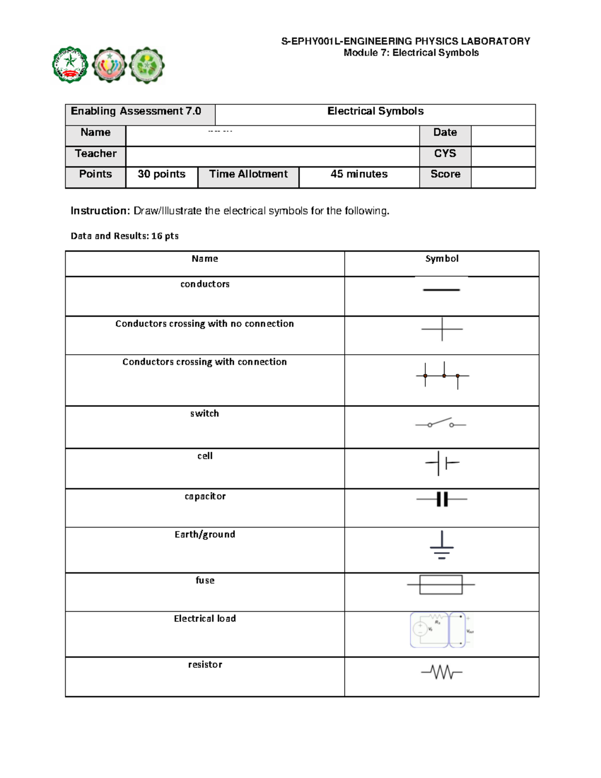 Enabling Assessment 7 Electrical Symbols - S-EPHY001L-ENGINEERING ...