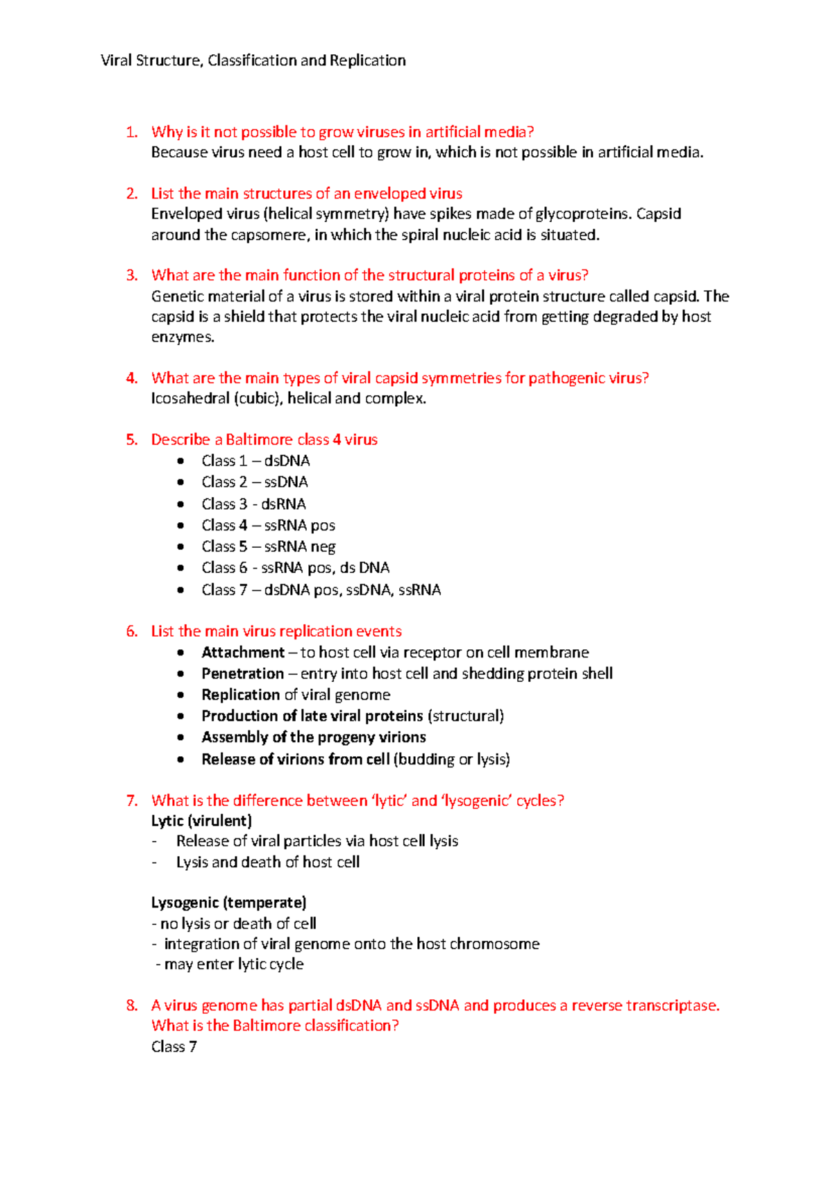 Viral Structure, Classification and Replication short questions and ...