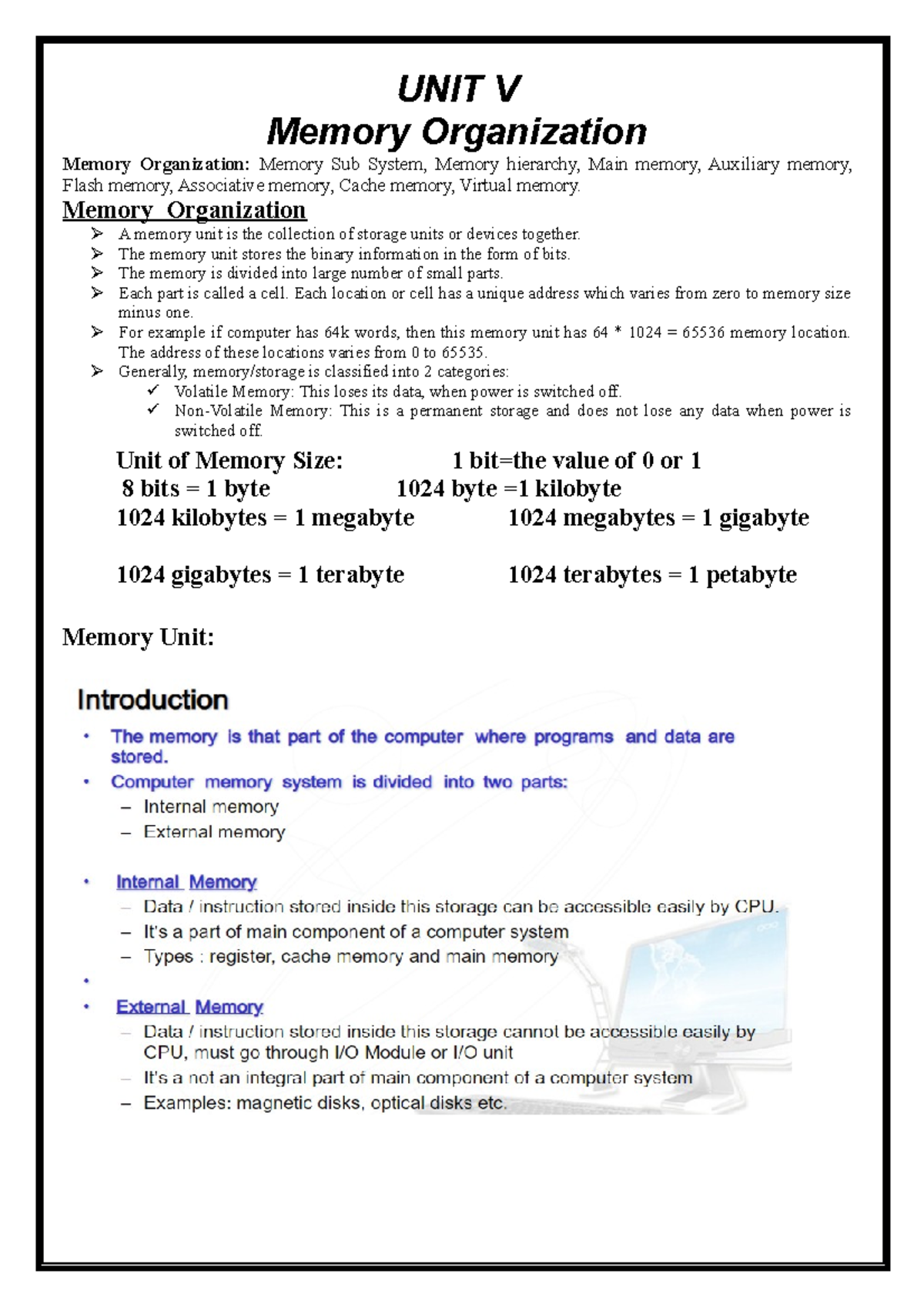 UNIT V - Notes about memory organization - UNIT V Memory Organization ...
