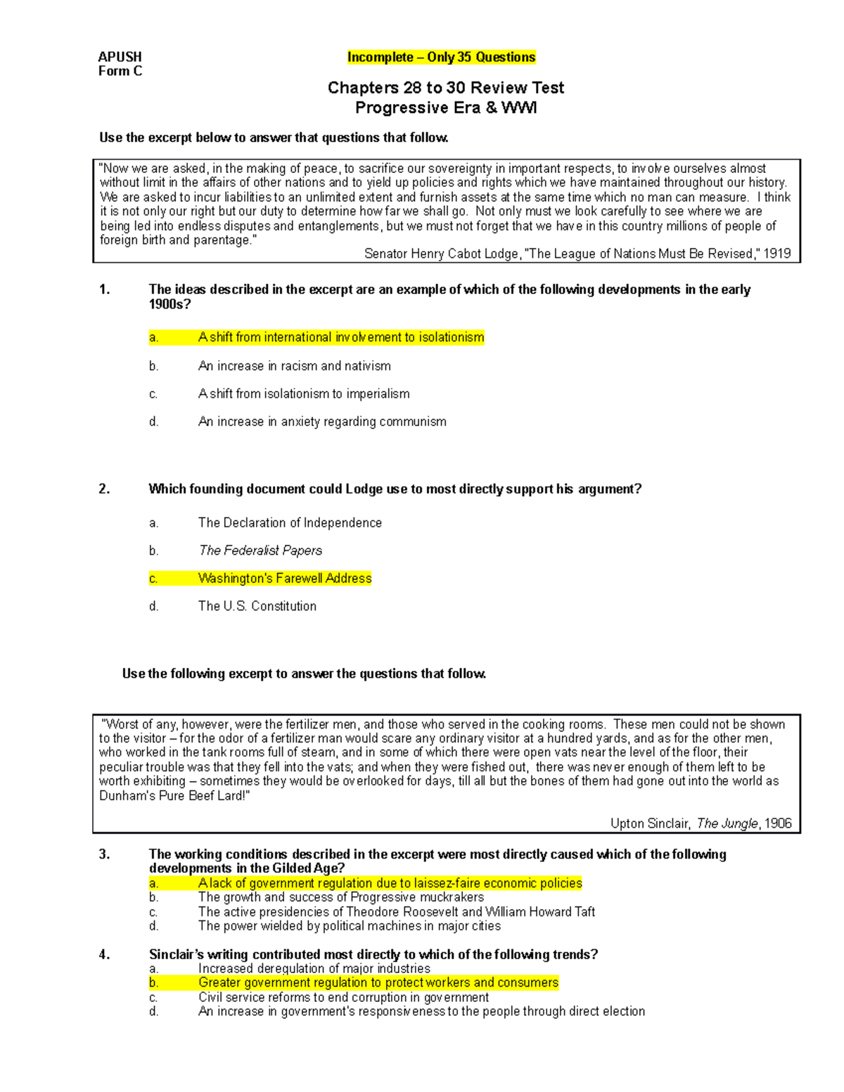 Chapters 28 to 30 (Progressives and WWI) - All New Alternative Test ...