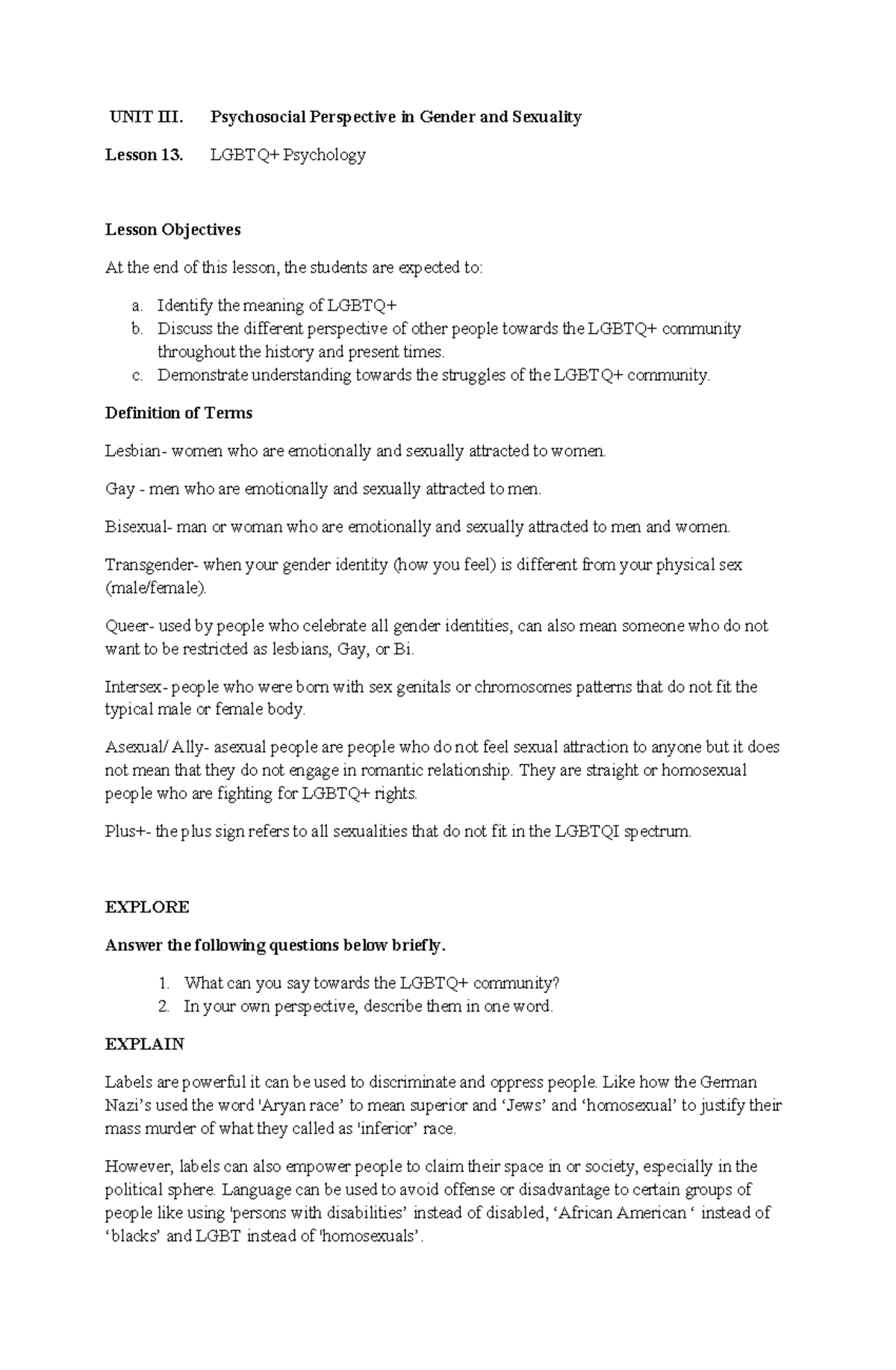 Lesson 13 Lgbtq Psychology - UNIT III. Psychosocial Perspective in ...
