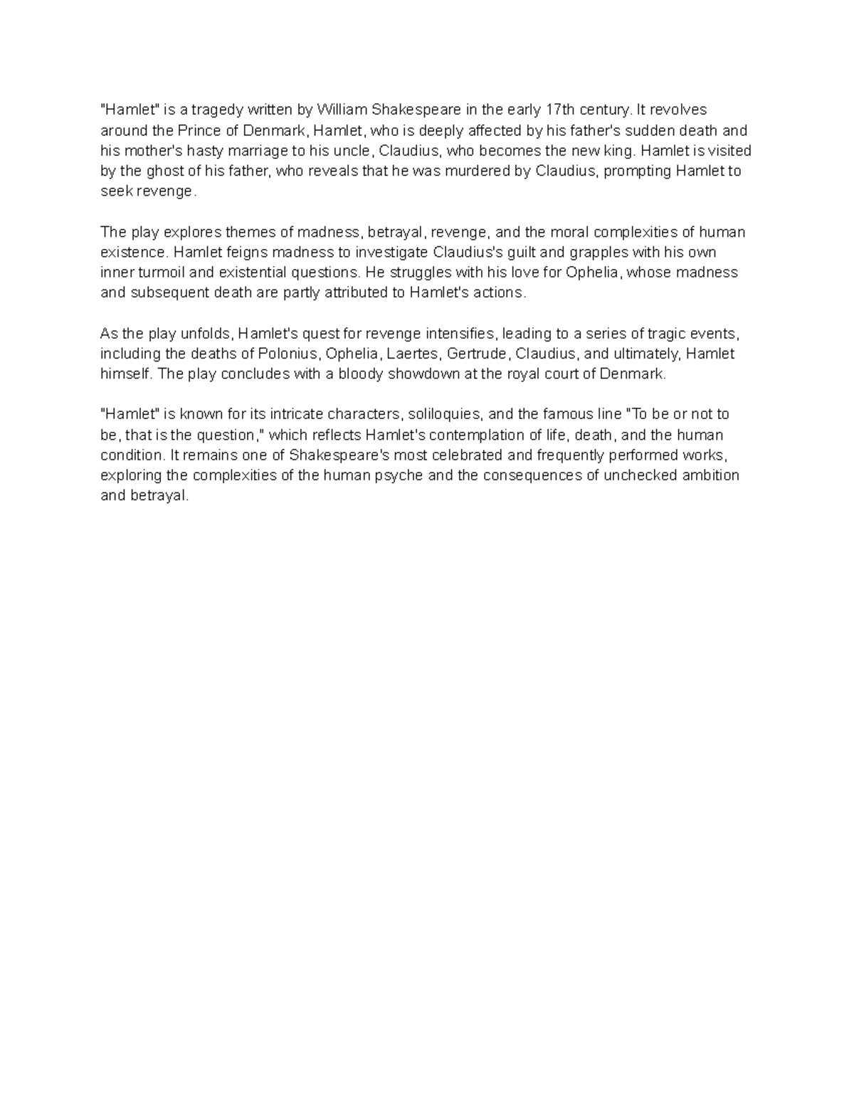 Summary of Hamlet - "Hamlet" is a tragedy written by William ...