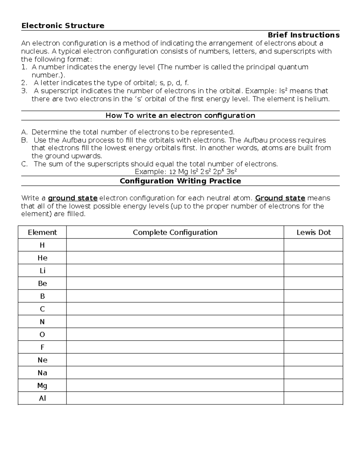 Wkst 1 electron configurations with instructions - Electronic Structure ...