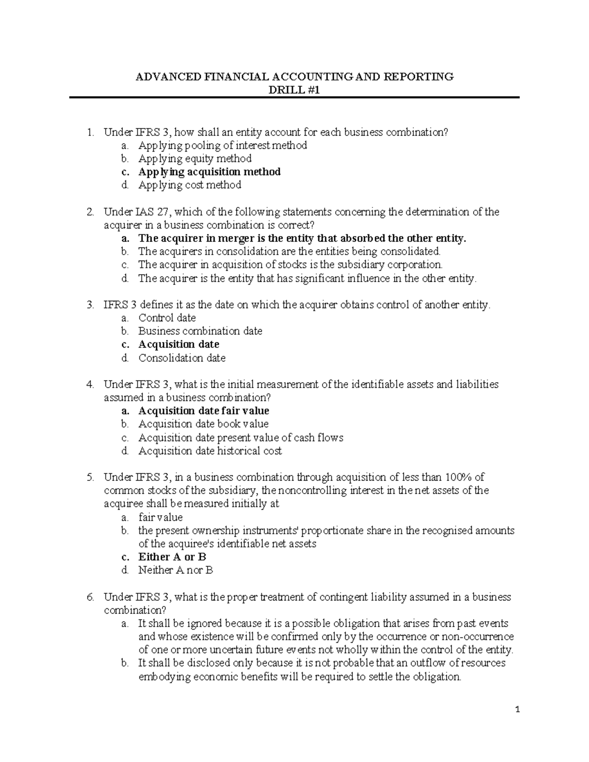 1 - Answer Key for Drills 1.1 - ADVANCED FINANCIAL ACCOUNTING AND ...