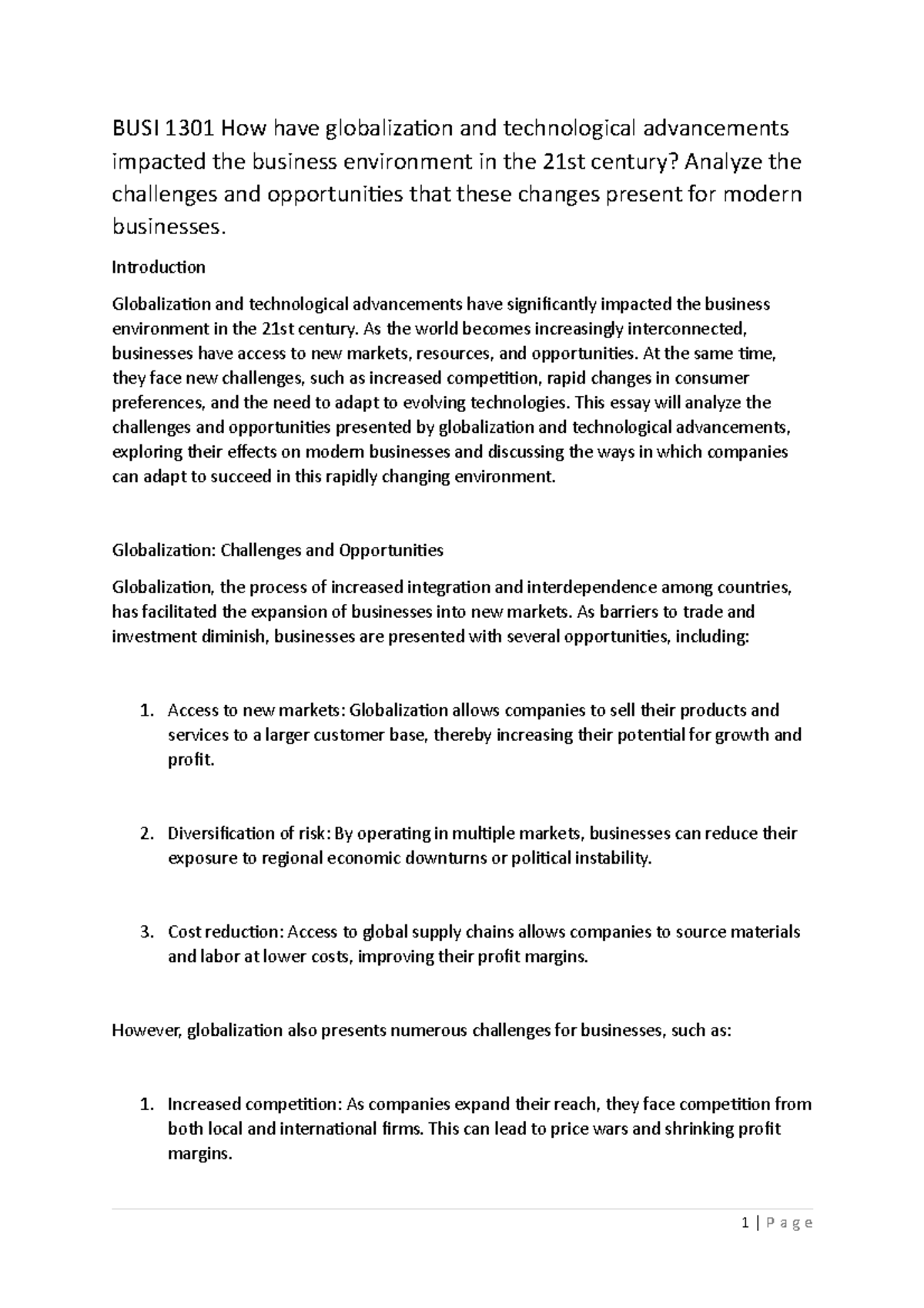 BUSI 1301 How have globalization and technological advancements ...