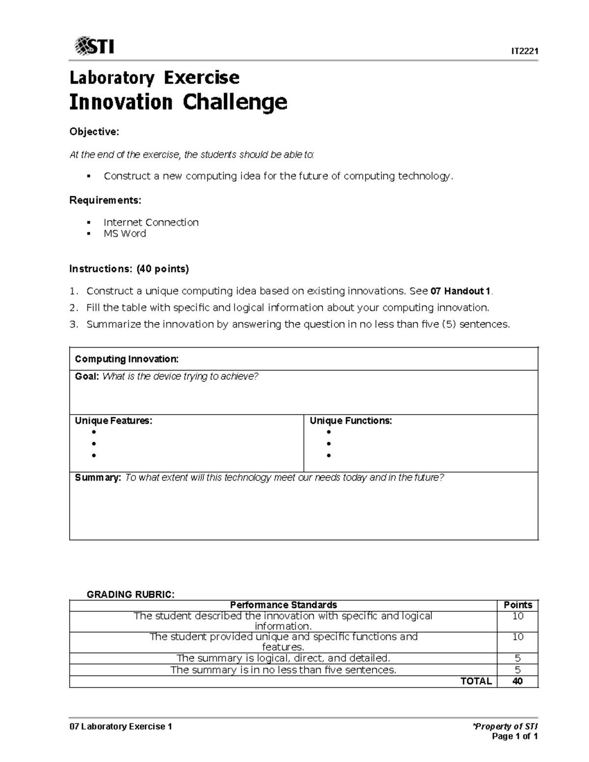 07 Laboratory Exercise 1 - IT Laboratory Exercise Innovation Challenge ...