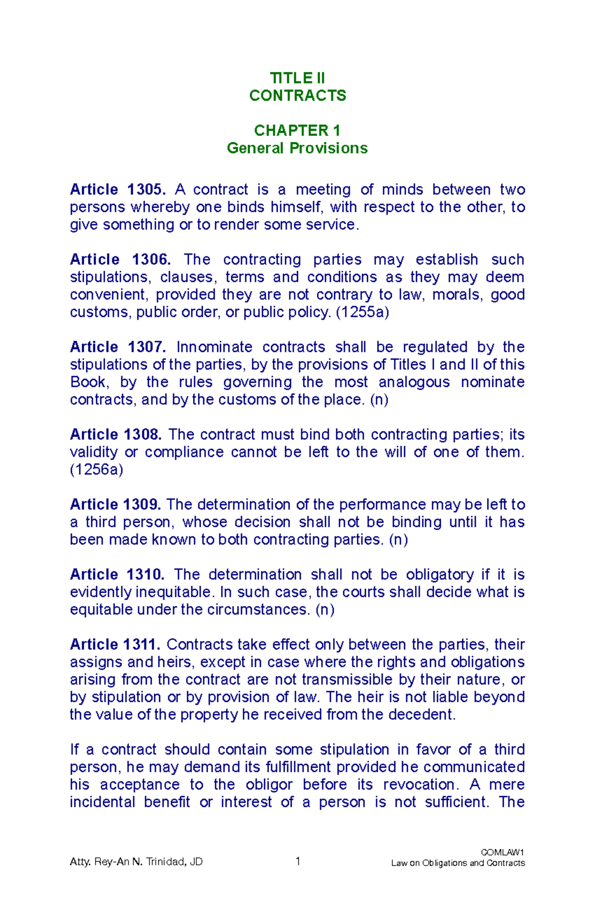 Module 5 - Contracts - Explain - TITLE II CONTRACTS CHAPTER 1 General Provisions Article 1305. A ...