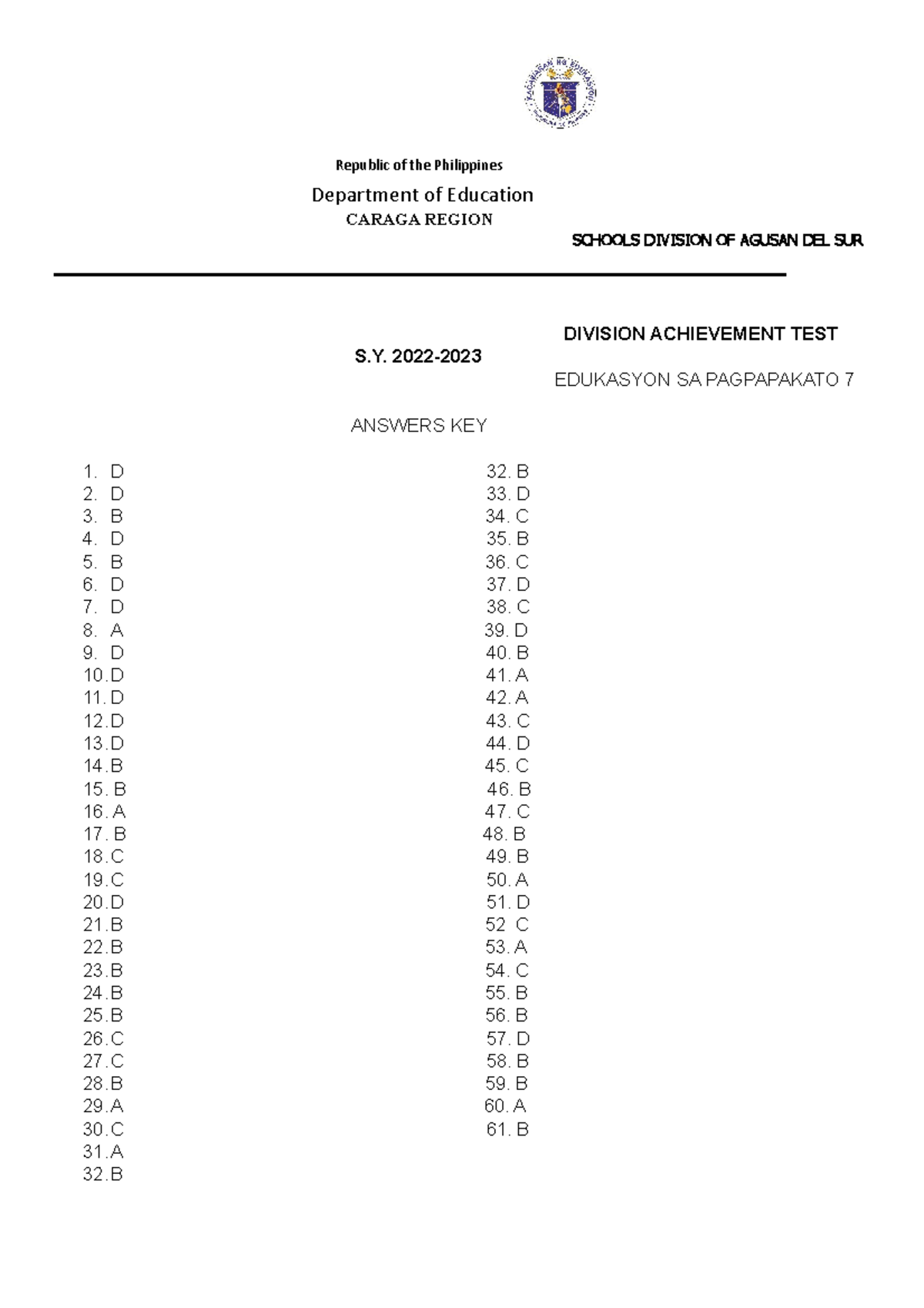 Answers KEY ESP 7 - answer key - Republic of the Philippines Department of Education CARAGA ...
