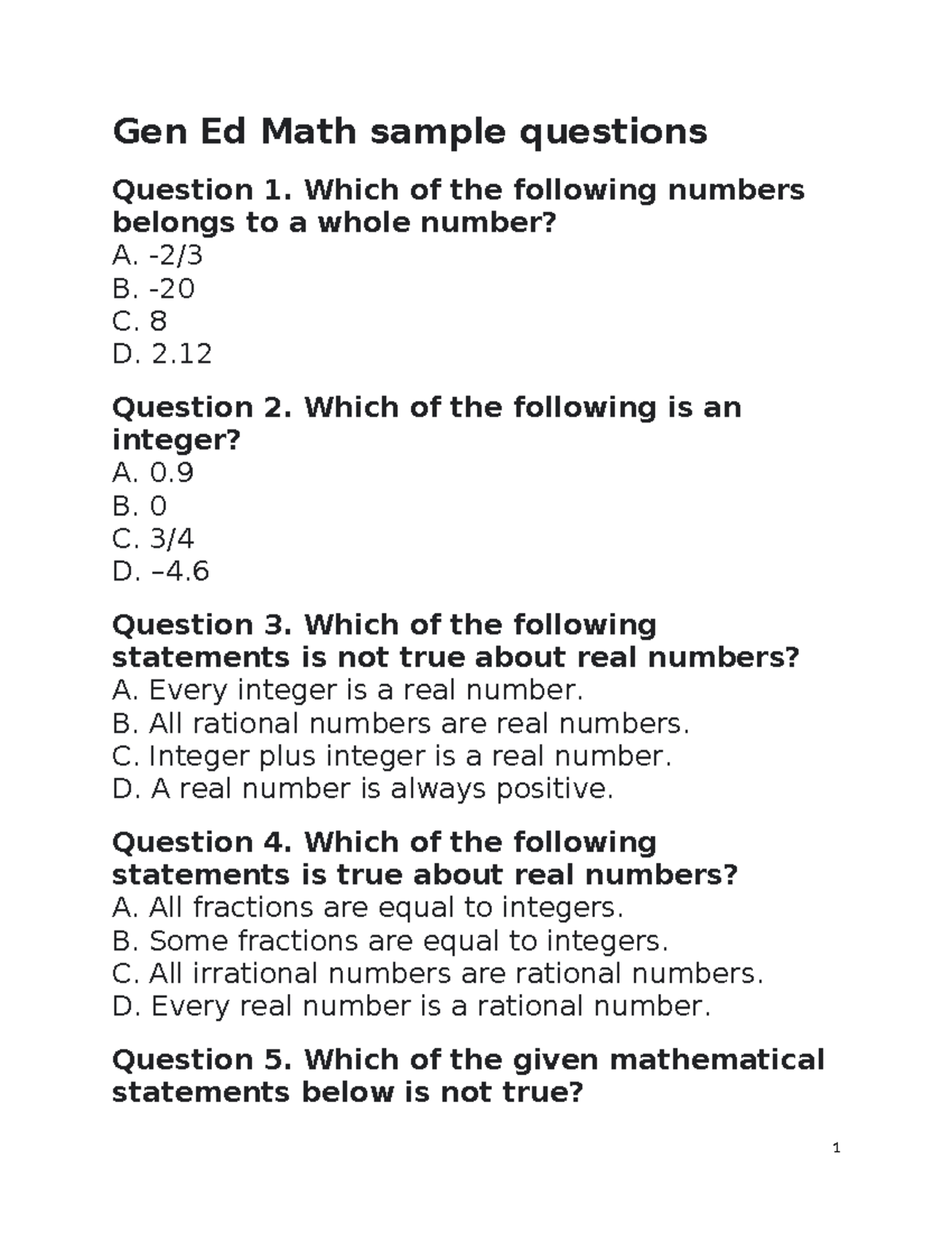 Gen Ed Math sample questions - Gen Ed Math sample questions Question 1 ...