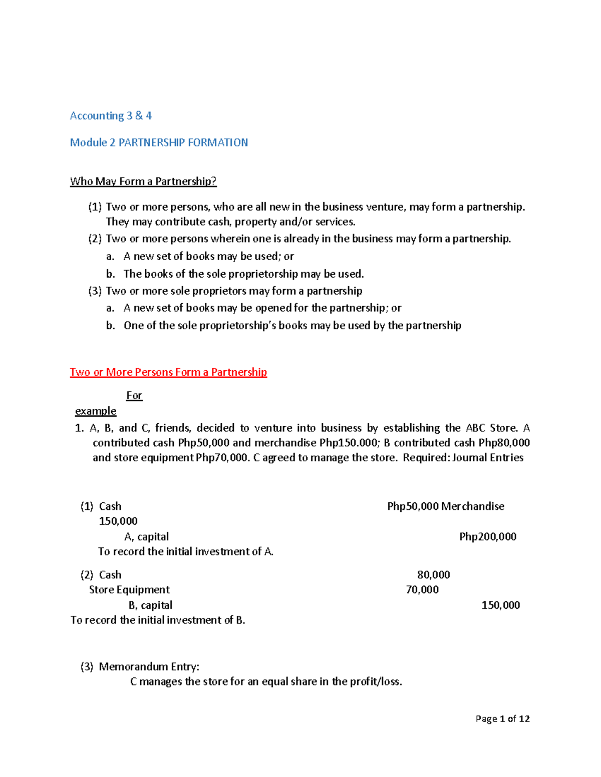 Accounting 3&4 Module 2 - Partnership Formation - Accounting 3 & 4 ...