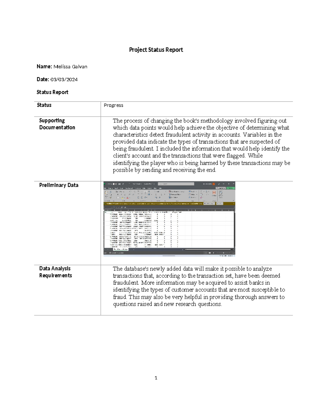 DAT 223 Project Three Status Report Template done - Project Status Report Name: Melissa Galvan ...