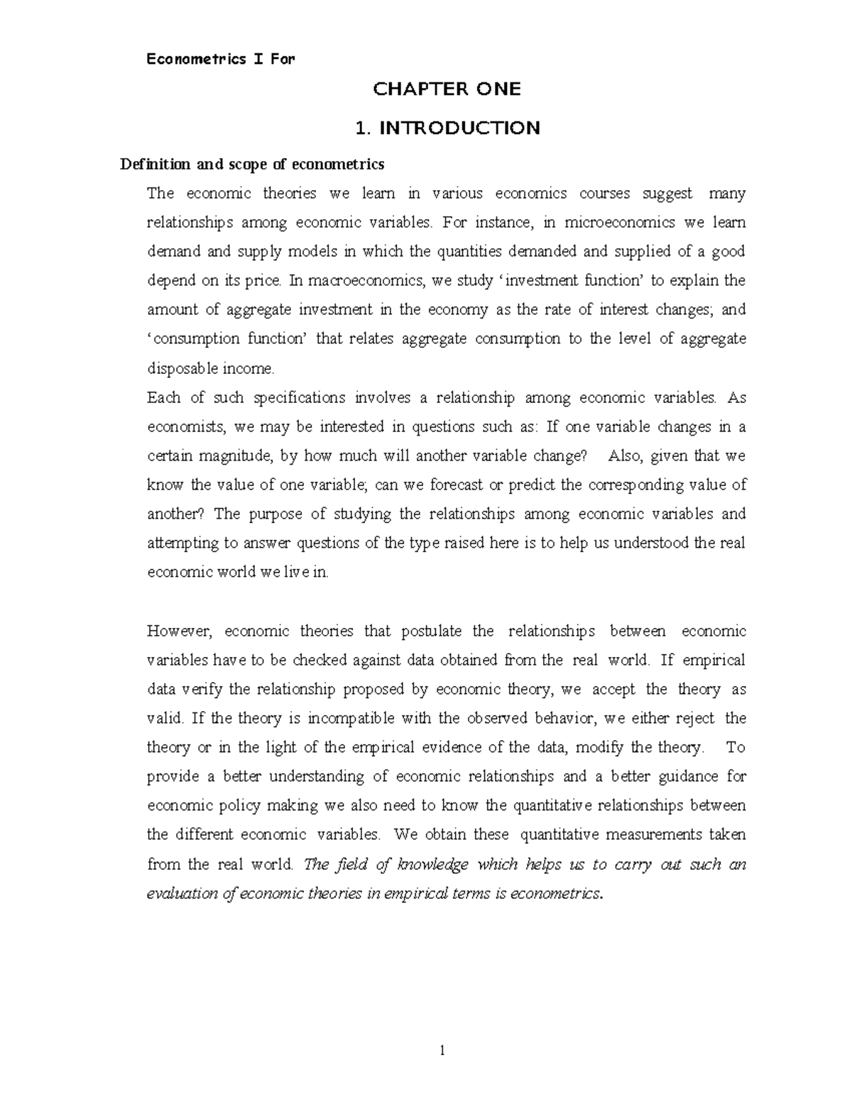 Chapter ONE. econometrics - Economics CHAPTER ONE 1. INTRODUCTION Definition and scope of - Studocu