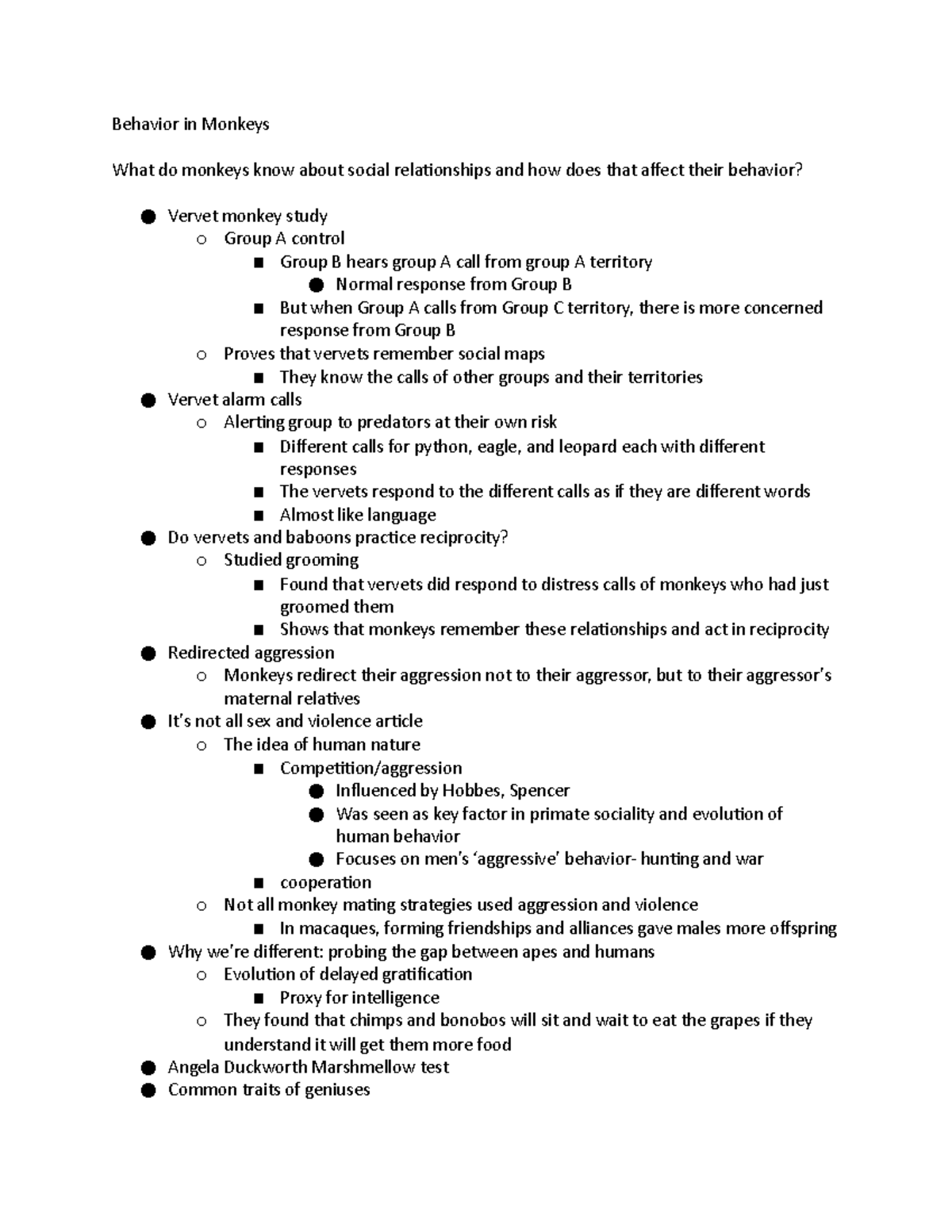 Behavior in Monkeys notes - Behavior in Monkeys What do monkeys know ...