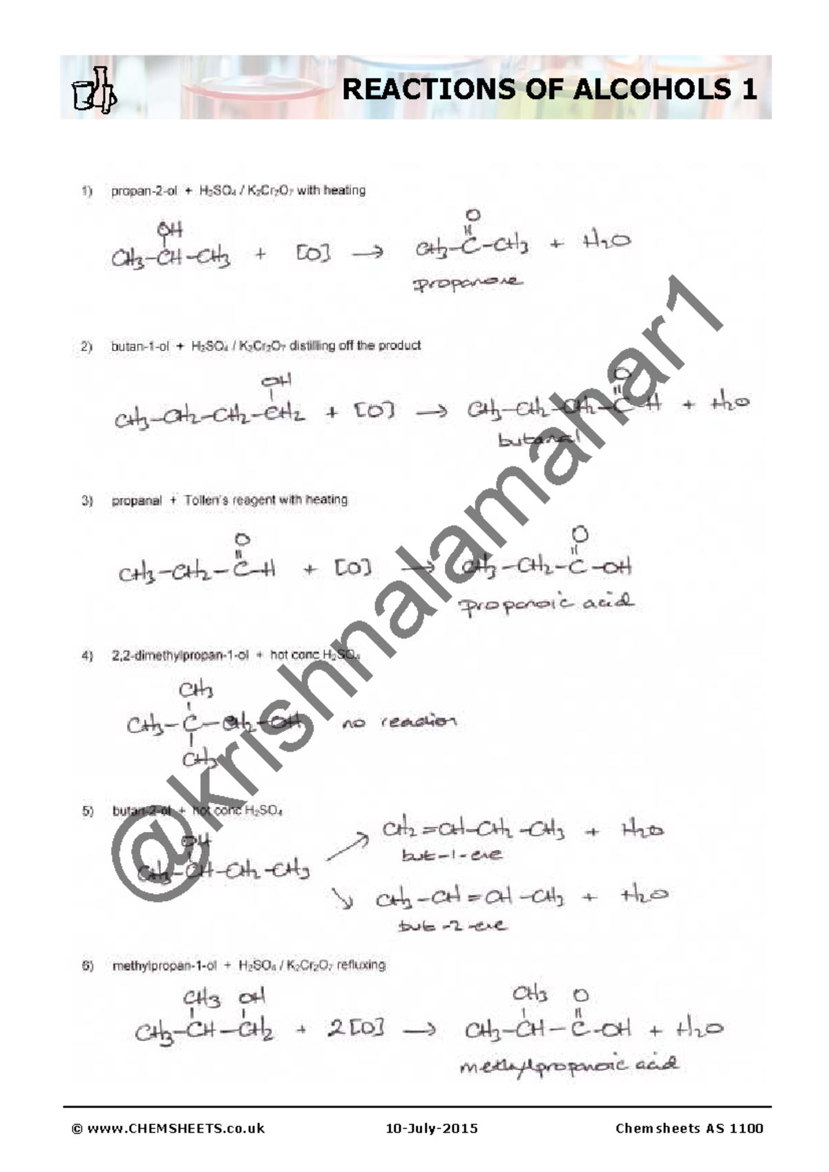Chemsheets AS 1100 Reactions of alcohols 1 ANS 39ge45 - @krishnalamahar ...