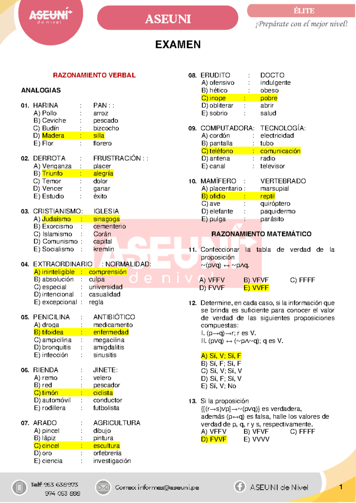 01 Examen RV RM ( Claves) - 1 ASEUNI ÉLITE EXAMEN RAZONAMIENTO VERBAL ANALOGIAS 01. HARINA : PAN ...