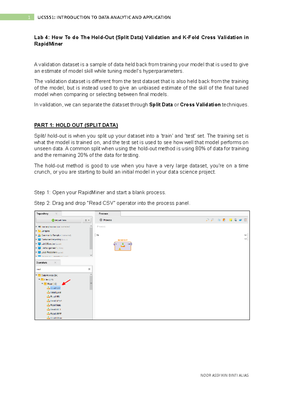 Lab 4 How To do The Hold-Out (Split Data) Validation and K-Fold Cross Validation in Rapid Miner ...