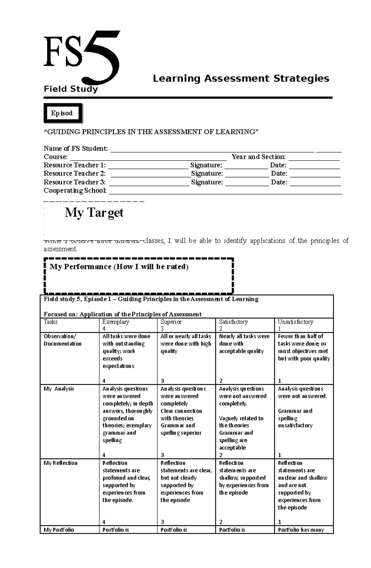 Fs5 - Field Study - Learning Assessment Strategies Field Study “GUIDING ...