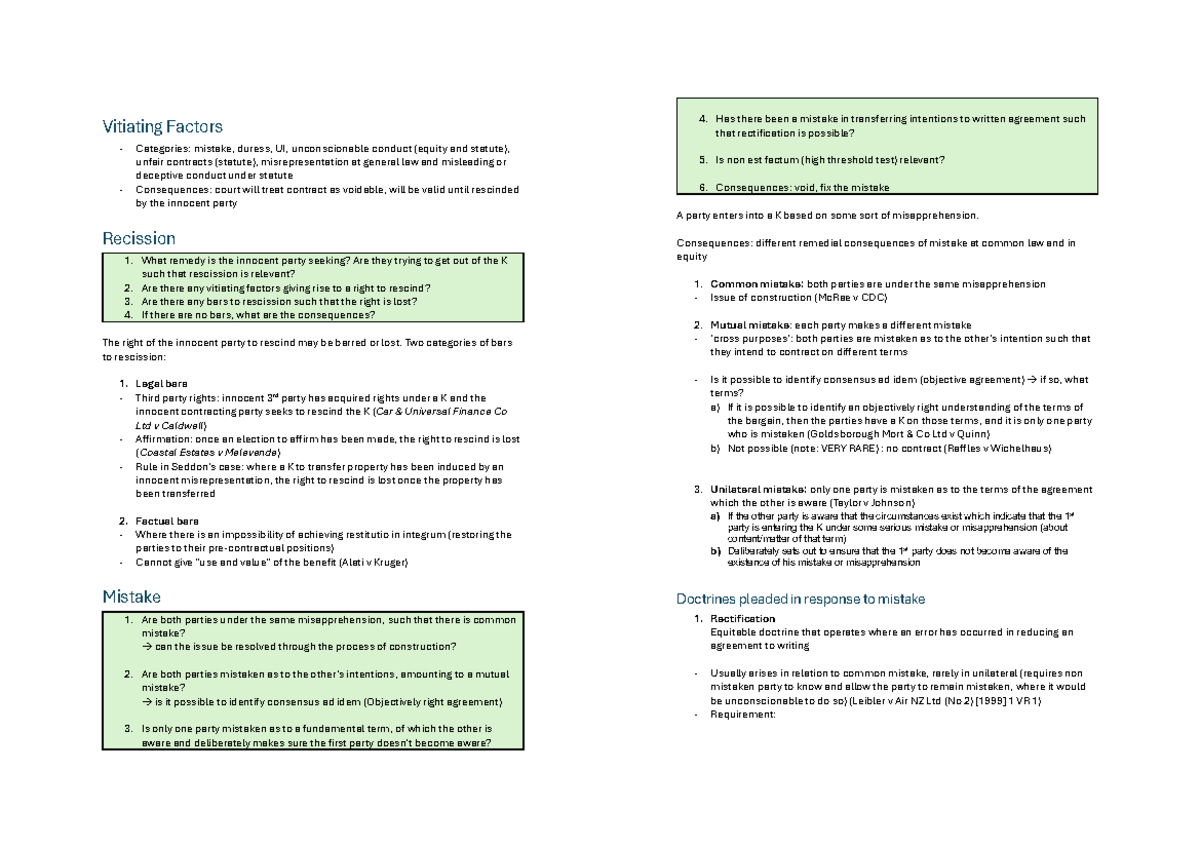Quiz 4 - notes for quiz 4 vitiating factors - Vitiating Factors ...