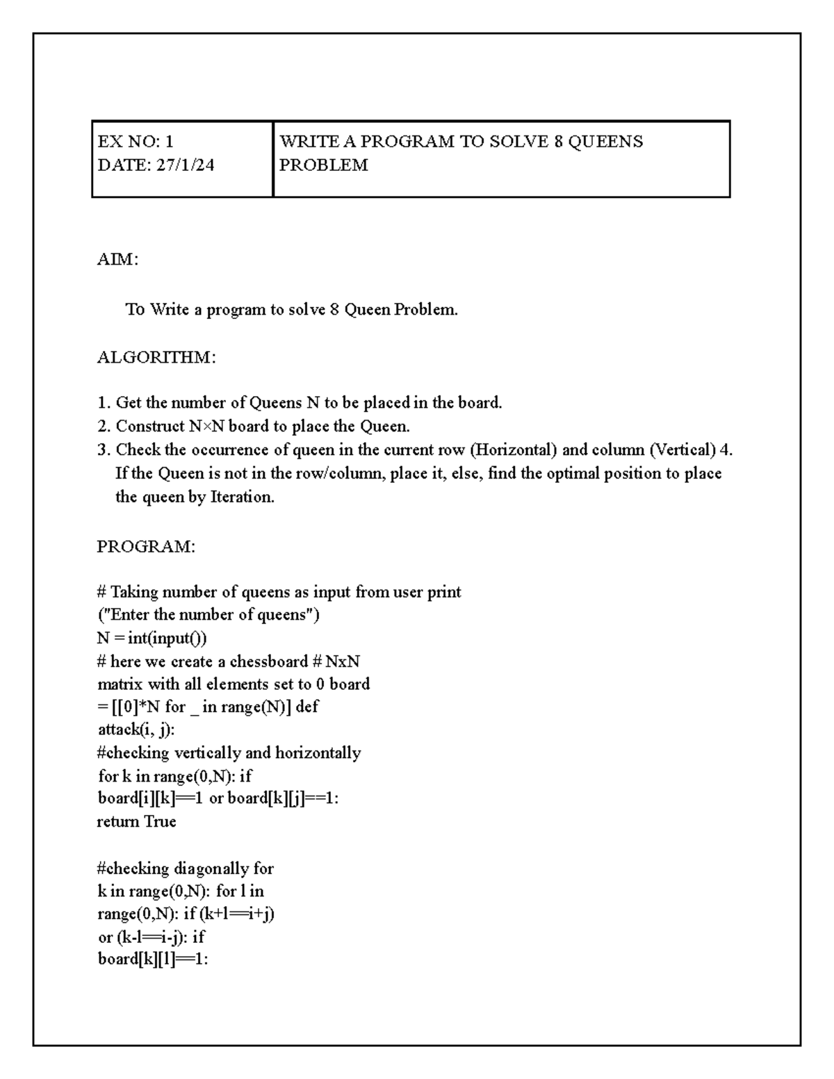AI Record practicals record - EX NO: 1 DATE: 27/1/ WRITE A PROGRAM TO ...